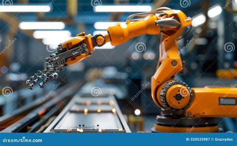 An Orange High Precision Robot Arm Inside Modern Factory Fully Automated Modern Production