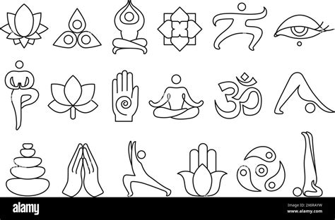 Line Yoga Icons Meditation Poses Line Art Zen Stones Lotus Flower