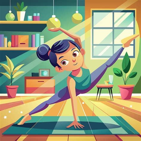 A Cartoon Girl Doing Yoga Exercises In A Room With A Green Background