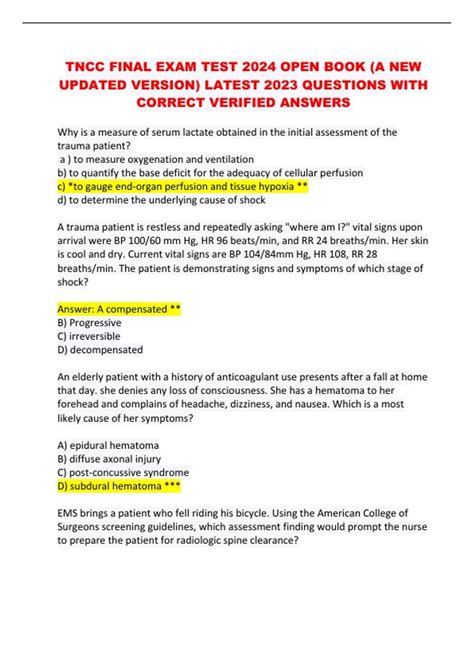 Tncc Test Questions And Answers Tncc Written Exam 1