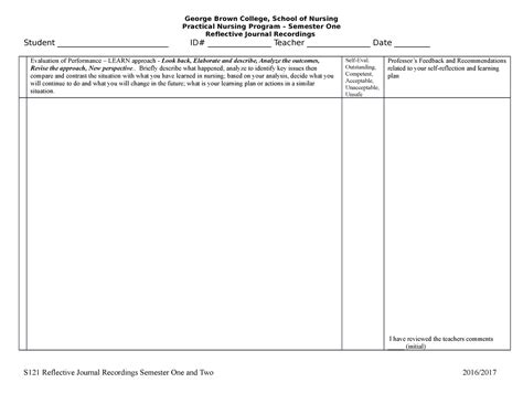 Template Reflective Practice Revised George Brown College School Of Nursing Practical Nursing