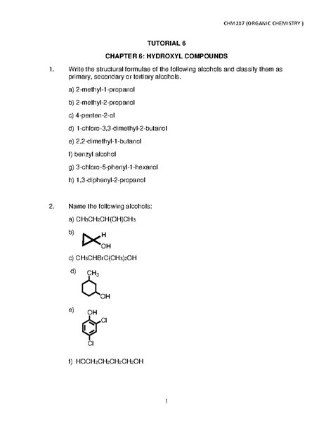 Chm207 Organic Chemistry Tutorial 6 Hydroxyl Compounds And Alcohols