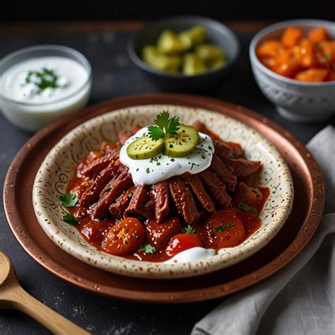 Iskender Kebab In Copper Serving Served With Pickles Yogurt Flatbread And Ayran Premium Ai