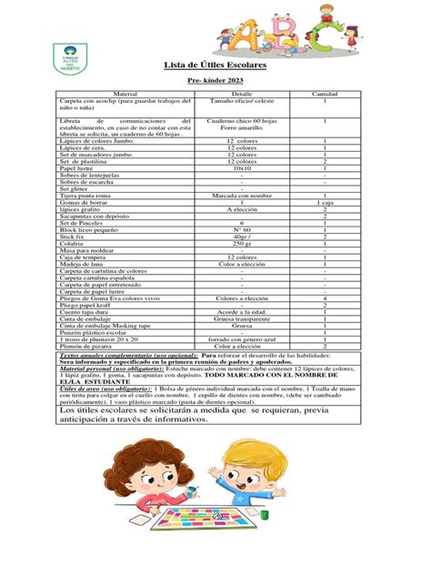 Lista De Utiles Pre Kinder 2023 Pdf Lápiz Materiales De Conservación Y Restauración