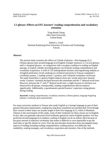 Pdf L1 Glosses Effects On Efl Learners Reading Comprehension Dokumen Tips