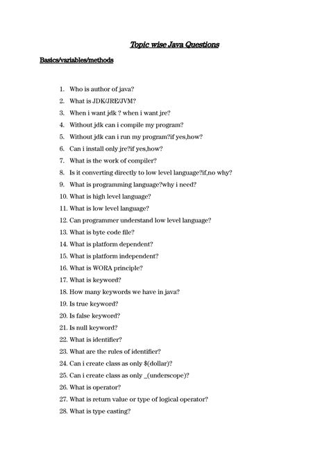 Topic Wise Java Questions Topic Wise Java Questions Basics Variables Methods Who Is Author Of