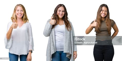 Collage Of Group Of Three Young Beautiful Women Over White Isolated