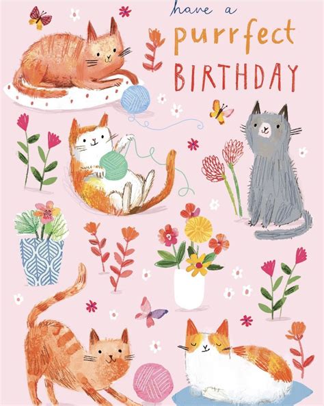 Purrfect Birthday Card With Cats And Flowers