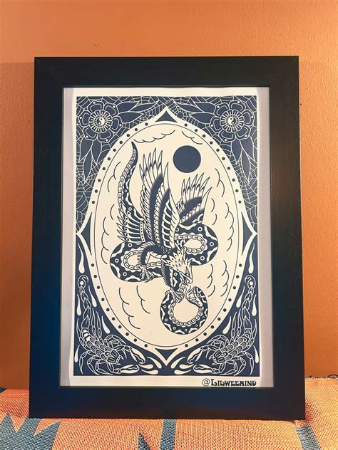 Battle Royale Eagle Snake Fight A3 Traditional Tattoo Flash Cyanotype