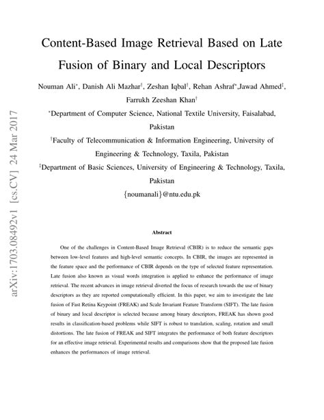 Pdf Content Based Image Retrieval Based On Late Fusion Of Binary And Local Descriptors