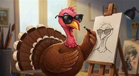 A Turkey Wearing Sunglasses Is Drawing A Self Portrait Stock