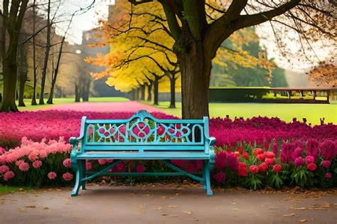 Premium Photo A Park Bench With A Pink Flowered Garden In The Background