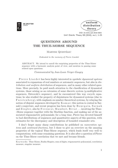 Pdf Questions Around The Thue Morse Sequence