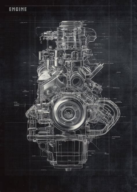 Detailed Engine Blueprint Is Shown On Dark Background Technical Lines