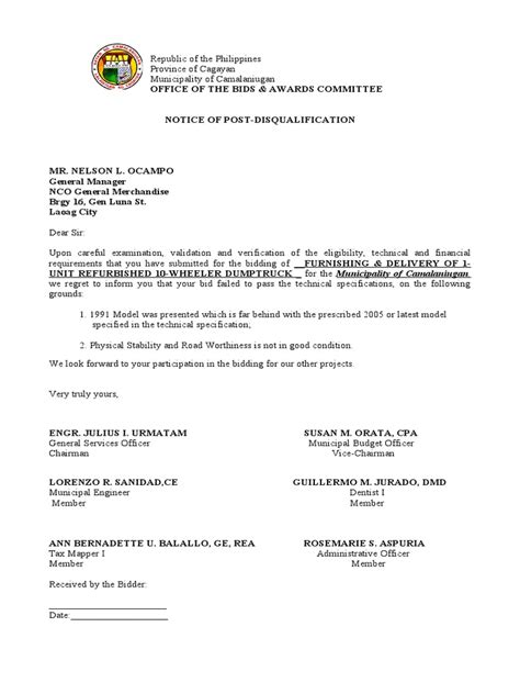 Notice Of Disqualification Of Bids For Public Infrastructure Projects In Camalaniugan
