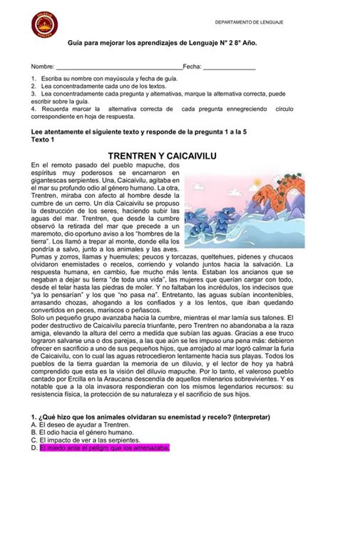 Guía De Comprensión De Lectura Octavo Básico Profesocial