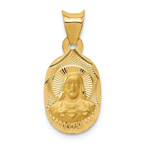 14k Yellow Gold Polished Satin And Diamond Cut Sagrado Corazon Oval