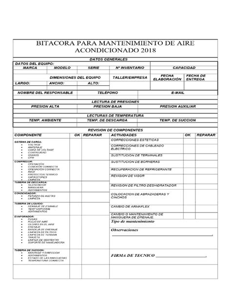 Bitacora Para Mantenimiento De Aire Acondicionado 2018 Pdf