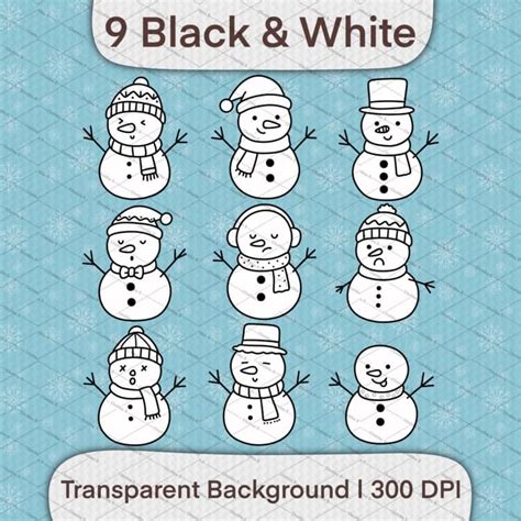 Snowman Emotions Clipart Winter Line Art And Bandw Png For Coloring By