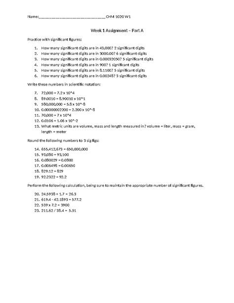 Chm1020 Week 1 Assignment Week 1 Assignment Part A Practice With Significant Figures 1 How