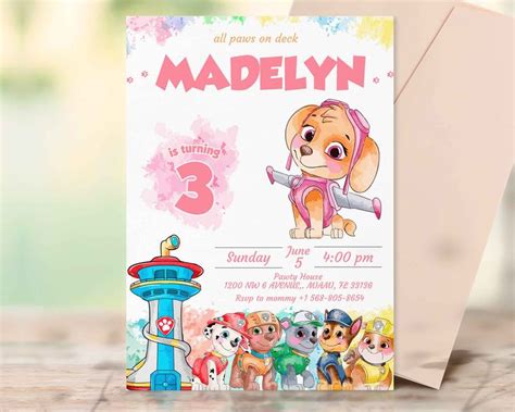 Paw Patrol Skye Watercolor Template Invitation 5x7 Canva Modern Paw