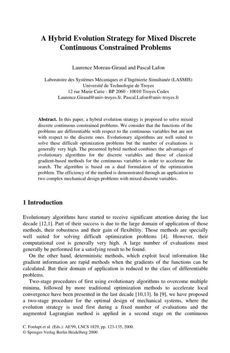 Pdf A Hybrid Evolution Strategy For Mixed Discrete Continuous Constrained Problems