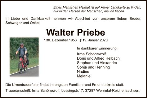 Traueranzeigen Von Walter Priebe Trauer Hna De
