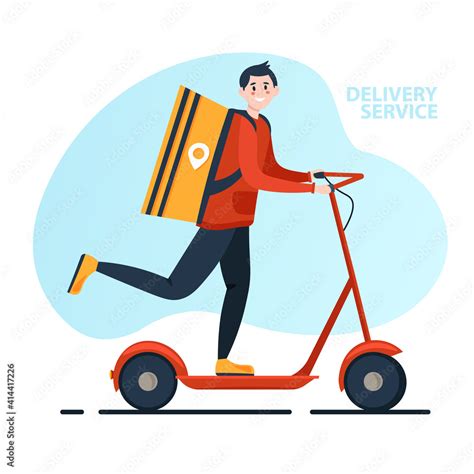 Delivery Service Courier Riding On Electric Scooter With Package Box