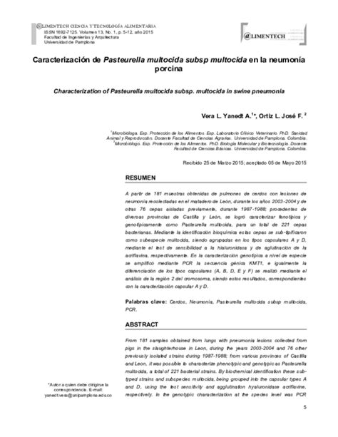 Pdf CaracterizaciÓn De Pasteurella Multocida Subsp Multocida En La