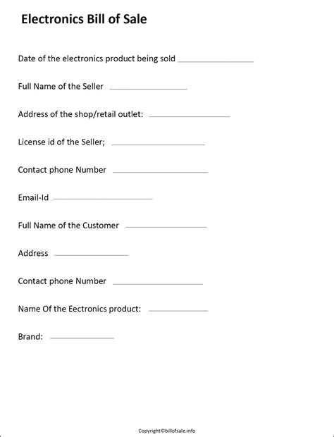 Printable Free Bill Of Sale For Electronics Template