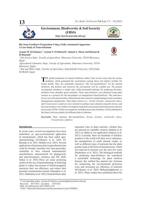 PDF Bio Nano Fertilizers Preparation Using A Fully Automated Apparatus A Case Study Of Nano