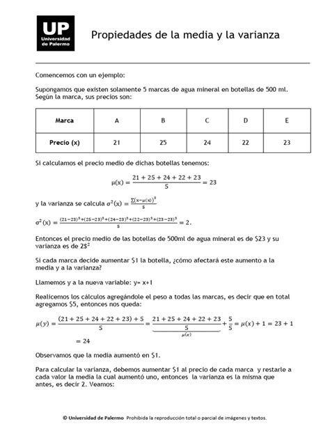 Propiedades De La Media Y La Varianza Pdf Diferencia Desviación