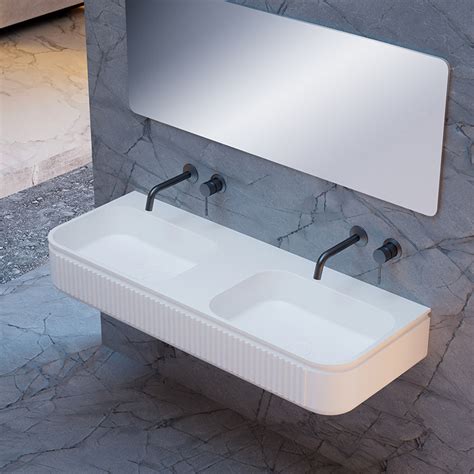 Factory Directory Solid Surface Fluted Wall Mounted Double Sinks Xr